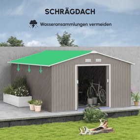 Outsunny Zahradní Kůlna 12,4 m², Zahradní Dům s Plochou Střechou, Posuvné Dveře, Základna, 386 x 340 x 200 cm, Zahradní Kůlna z Pozinkované Oceli, Od…