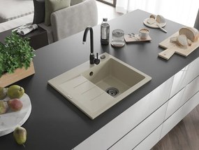 Mexen Ben, 1-komorový granitový dřez 600x500x190 mm, pravý + černý sifon, béžová, 6523605000-69-B