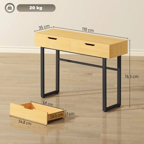 HOMCOM Úzký konzolový stolek se 2 zásuvkami, průmyslový kovový rám, přírodní – 110 × 35 × 76,5 cm