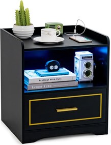 Costway Noční stolek s USB portem LED osvětlení a nočním stolkem nabíjecí