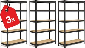 Akce 3x Regál 200x100x30 cm lakovaný 5-policový, nosnost 875 kg - černý