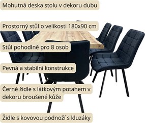 Vikio Jídelní set pro 8 osob 180x90 cm dub, černá broušená kůže VJS118-81C