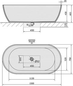 Polysan, REDUTA volně stojící vana litý mramor 150x75x46cm, bílá, 72843