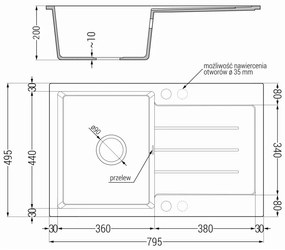 Mexen Bruno, dřez granitový 795x495x200 mm, 1-komorový, černá-stříbrná metalíza se zlatým sifonem, 6513791010-73-G