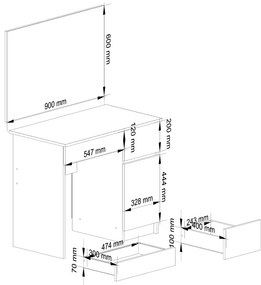 Kosmetický stolek se zrcadlem P-2 90x50 cm bílý pravý