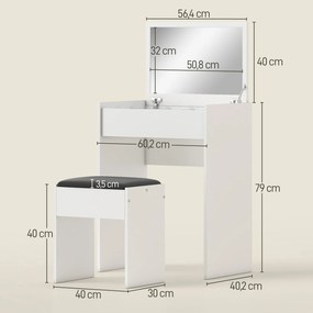 HOMCOM Skládací Toaletní Stolek se Zrcadlem, Moderní Toaletní Stolek se Stoličkou a Úložným Prostorem (10 Přihrádek), Bílý MDF, 60,2 x 40,2 x 79 cm