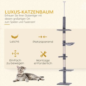PawHut škrabadlo stropní vysoké šedé 40x34x230-260cm, výškově nastavitelný strom pro kočky se sisalovými sloupky pro šplhání a škrábání