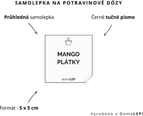 MANGO PLÁTKY - omyvatelná samolepka na dózu, výběr rozměrů Ø 5 cm / 5 x 5 cm / 6 x 8 cm | DomaLEP tvar: KOLEČKO, barva: PRŮHLEDNÁ - ČERNÉ písmo, velikost: Ø 5 cm - tučné písmo