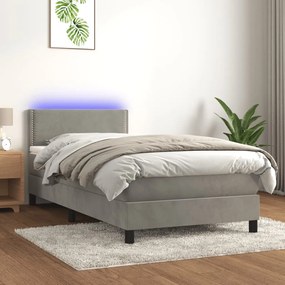 Box spring postel s matrací a LED světle šedá 90x200 cm samet,  3134321
