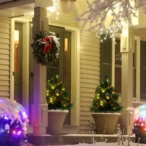 HOMCOM Sada 2 vánočních stromků, umělý mini vánoční stromek s LED světly, plast, kov, rozměry 33 x 75 cm, zelená