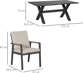 Outsunny 7dílná jídelní souprava pro zahradní patio - 1 stůl + 6 židlí s polštáři, weatherproof hliníkový rám, černá + šedá