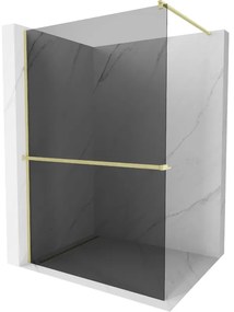 Mexen Kioto+, sprchová zástěna Walk-In s poličkou a věšákem 120 x 200 cm, 8mm šedé sklo, zlatý matný profil, 800-120-121-55-40