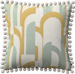 Věra - potah na polštář ozdobné bambulky po obvodu barva zelená látka pletený vzor, vzorované