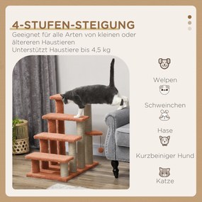 PawHut 4stupňové schody pro kočky se škrabadlem pro domácí mazlíčky do 5 kg, schody pro psy s míčkem na hraní, plyš, hnědá, 60 x 40 x 64 cm | Aosom.de