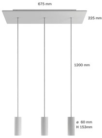 creative cables Závěsná lampa se 3 světly, s obdélníkovým XXL baldachýnem Rose-one, textilním kabelem a kovovými stínidly Tub-E14 Barva: Matný bílý dibond