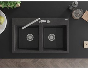 Mexen Hektor, 2-komorový granitový dřez 800x480x205 mm, černá skvrnitá, chromový sifon, 6521802000-76