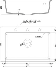 Mexen Elix, 1korový granitový dřez 700 x 500 mm, šedá, černý sifon, 6526701005-71-B