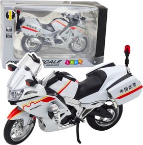 LEAN Toys Kovový motocykl se světly a zvuky, bílý s červenými a žlutými pruhy, měřítko 1:12