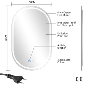 Erga Lyra, oválné LED zrcadlo 50x80cm, 3 barvy světla, přední a zadní osvětlení, vyhřívací podložka proti zapaření, ERG-V01-Lyra-5080-CL