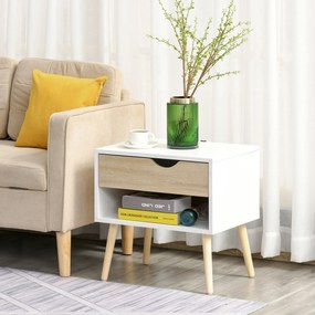 HOMCOM Noční stolek s šuplíkem, moderní design, nohy z masivu, 50 x 39 x 51 cm, bílý a přírodní dřevo