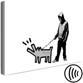 Obraz štěkající pes (1-dílný) - šedé street-art od Banksyho se zvířetem