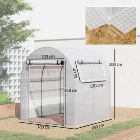 Zeleninový skleník Outsunny 180x180x200 cm Malý tunelový skleník s rolovacím dveřmi a oknem pro pěstování rostlin a květin Bílá