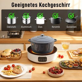 HOMCOM Dvojité keramické vařidlo, design 2 v 1, pro vaření a grilování, 2000 W, 4 stupně tepla, LED displej, odkapávací miska, bílá