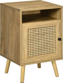 HOMCOM Noční stolek, Malý dřevěný noční stolek, Boho styl, se skříňkou a otevřenou policí, do ložnice, obývacího pokoje, 39x35x60 cm, Dřevěná barva |