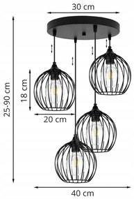 Závěsné svítidlo Toronto, 4x černé drátěné stínítko,