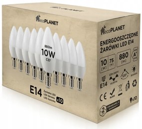 10x LED žárovka - ecoPLANET - E14 - 10W - svíčka - 880Lm - studená bílá