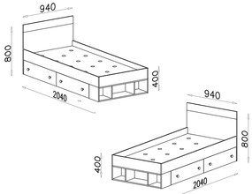 PIXEL | jednolůžko PX14 | 90x200 | LEVÁ i PRAVÁ | se zásuvkami | dub/bílá lux/šedá