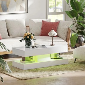 HOMCOM Konferenční stolek s zásuvkami a LED světly, moderní sofa stůl s otevřenou policí, konferenční stolek, dřevotříska, bílá