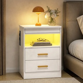 HOMCOM Noční stolek, přídavný stolek s nabíjecí stanicí a RGB LED osvětlením, vysoký lesk bílá