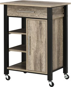 HOMCOM Kuchyňský vozík s šuplíkem a kolečky - 60 x 50 x 84,5 cm - Černý s dubovým efektem