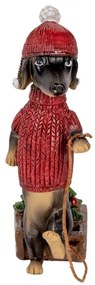 Vánoční dekorace figurka jezevčíka v čepici se sáňkami a stromečkem – 8x4x13 cm