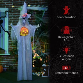 HOMCOM Halloween duch, Halloween dekorace, zvuková funkce, s pohybovým senzorem a LED světly, 60 cm x 18 cm x 183 cm
