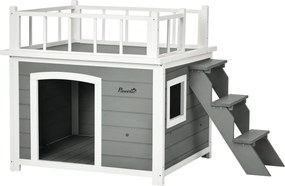 PawHut Psí Bouda s Balkonem, Elevated Pet House se Schody, Okno, Psí Doupě pro Malé až Velké Psy, Vyrobené z Borového Dřeva, Světlá Šedá, 121 x 77 x 7