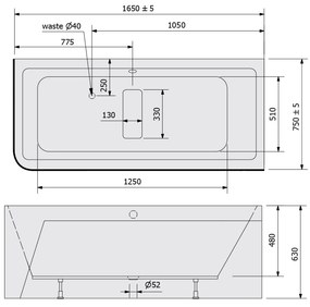 Polysan MARLENE CURVE R MONOLITH obdélníková vana 165x75x63cm, bílá, 72403MCR