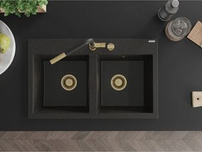 Mexen Hektor, 2-komorový granitový dřez 800x480x205 mm, černá-zlatá metalíza, zlatý sifon, 6521802000-75-G