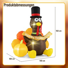 Costway 150 cm Nafukovací krůta s dýňovou dekorací na díkůvzdání s LED světly