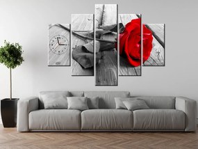 Gario Obraz s hodinami Červená růže - 5 dílný Rozměry: 150 x 105 cm