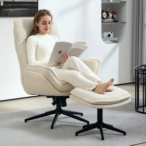 HOMCOM Houpací křeslo s podnožkou, 360° otočné TV křeslo s funkcí sklonu, vzhled korduroy, relaxační křeslo do obývacího pokoje, ložnice, béžové
