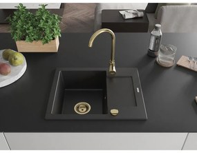 Mexen Enzo, granitový dřez 576x465x174 mm, 1-komorový, černá se zlatým sifonem, 6506571005-77-G