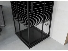 Mexen Rio, čtvercový sprchový kout 80(dveře)x80(dveře)x190 cm, 5mm čiré sklo-vzor pásky, černý profil + černá sprchová vanička SLIM, 860-080-080-70-20-4070B