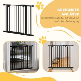 PawHut Ochranná brána pro schody s 7 cm prodloužením - Bez vrtání, brána pro šířky 74-87 cm, otočná na obě strany, kovová, černá