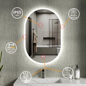 Erga Demi, oválné LED zrcadlo 60x90cm, 3 barvy světla, přední osvětlení, topná podložka proti zapaření, ERG-V01-Demi-6090-CL