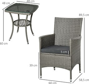 Souprava zahradního nábytku Outsunny Poly Rattan, venkovní lounge nábytek na balkon pro 2 osoby, 3-dílná sedací souprava, 2 křesla, stůl a polstry, z…