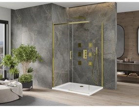 Mexen Omega rozsouvací sprchový kout 140 x 90 cm, Průhledné, Zlatá + sprchová vanička Flat - 825-140-090-50-00-4010