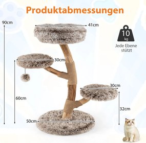Costway 90 cm škrabadlo dřevěný kočičí strom s 4 plyšovým sedadlem míč