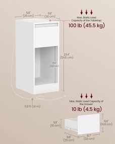 Úzký noční stolek s nabíjecí stanicí a LED osvětlením, s USB porty, bílý